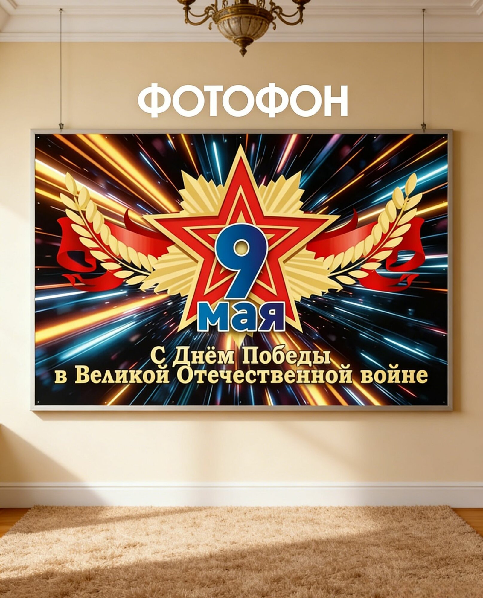 300-200 Баннер с изображением Дня Победы 9 мая на фоне камеры в праздничной фотозоне