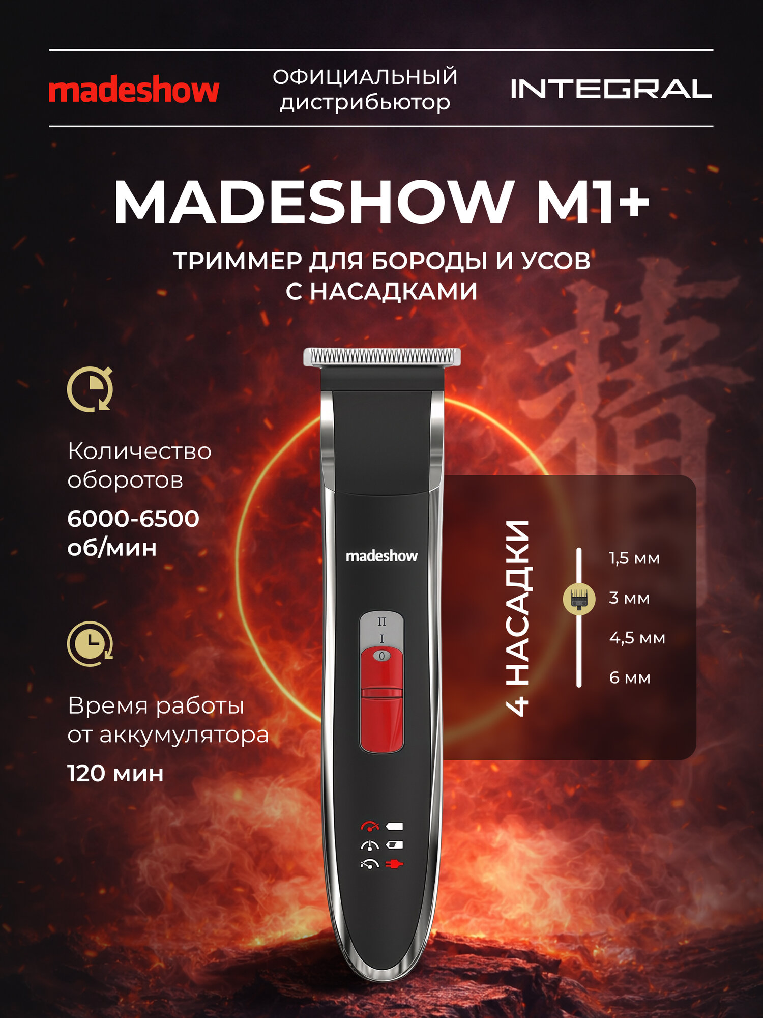 Триммер для бороды и усов с насадками, Madeshow M1+, профессиональный, 6500 об/мин, черный