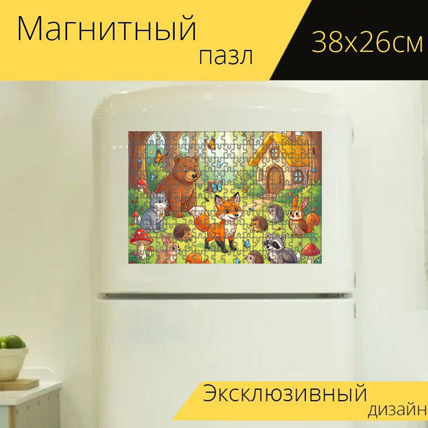 Магнитный пазл "Лесные звери у домика. Сказочная детская иллюстрация с медведем, лисой, зайцем, енотом, белкой и ёжиками в зелёном лесу, с яркими бабочками." для интерьера, 38х26 см.