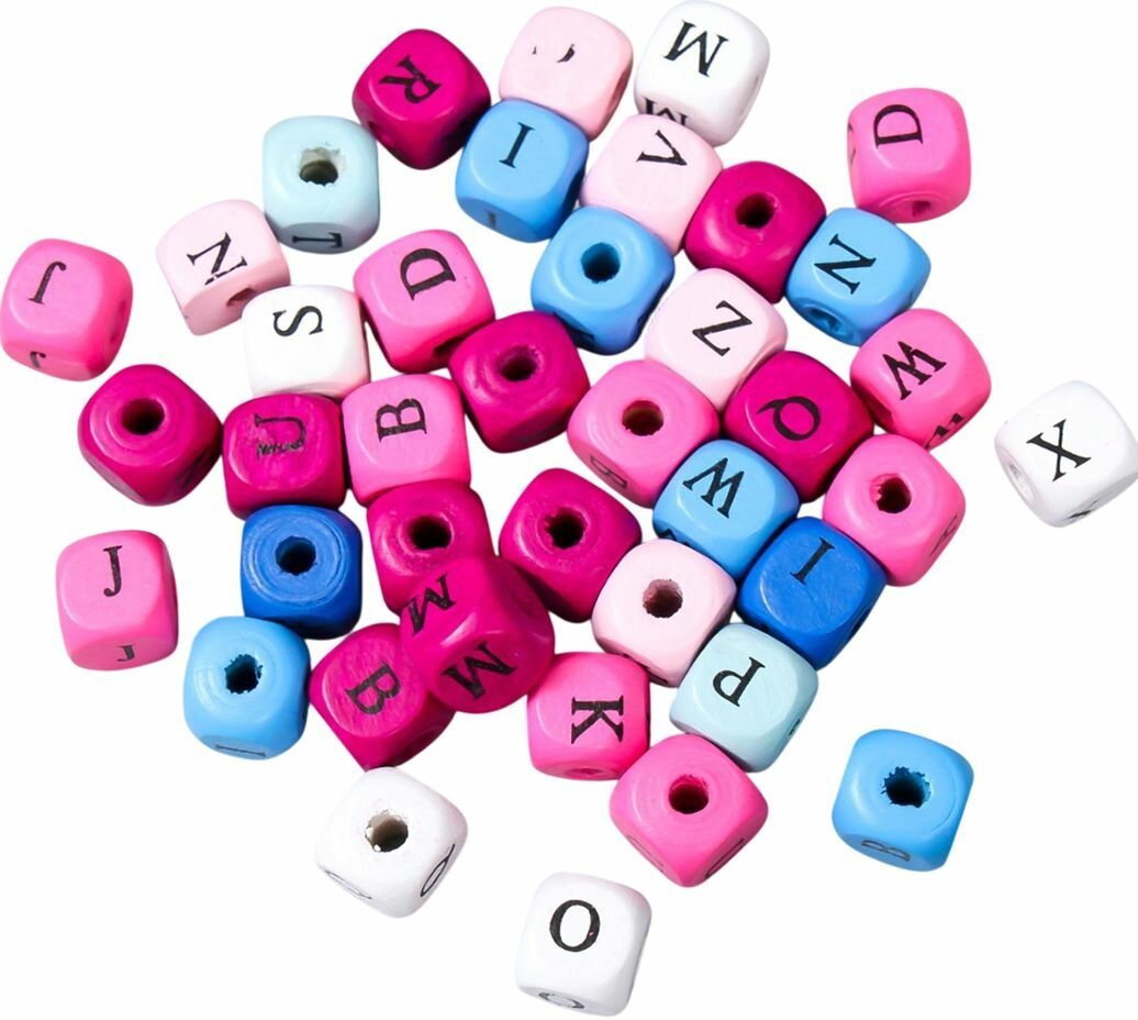 Бусины деревянные 10 мм "Алфавит на кубиках" для творчества, набор разноцветных бусинок для рукоделия и украшений, бусинки с буквами английскими для браслетов - 30 штук