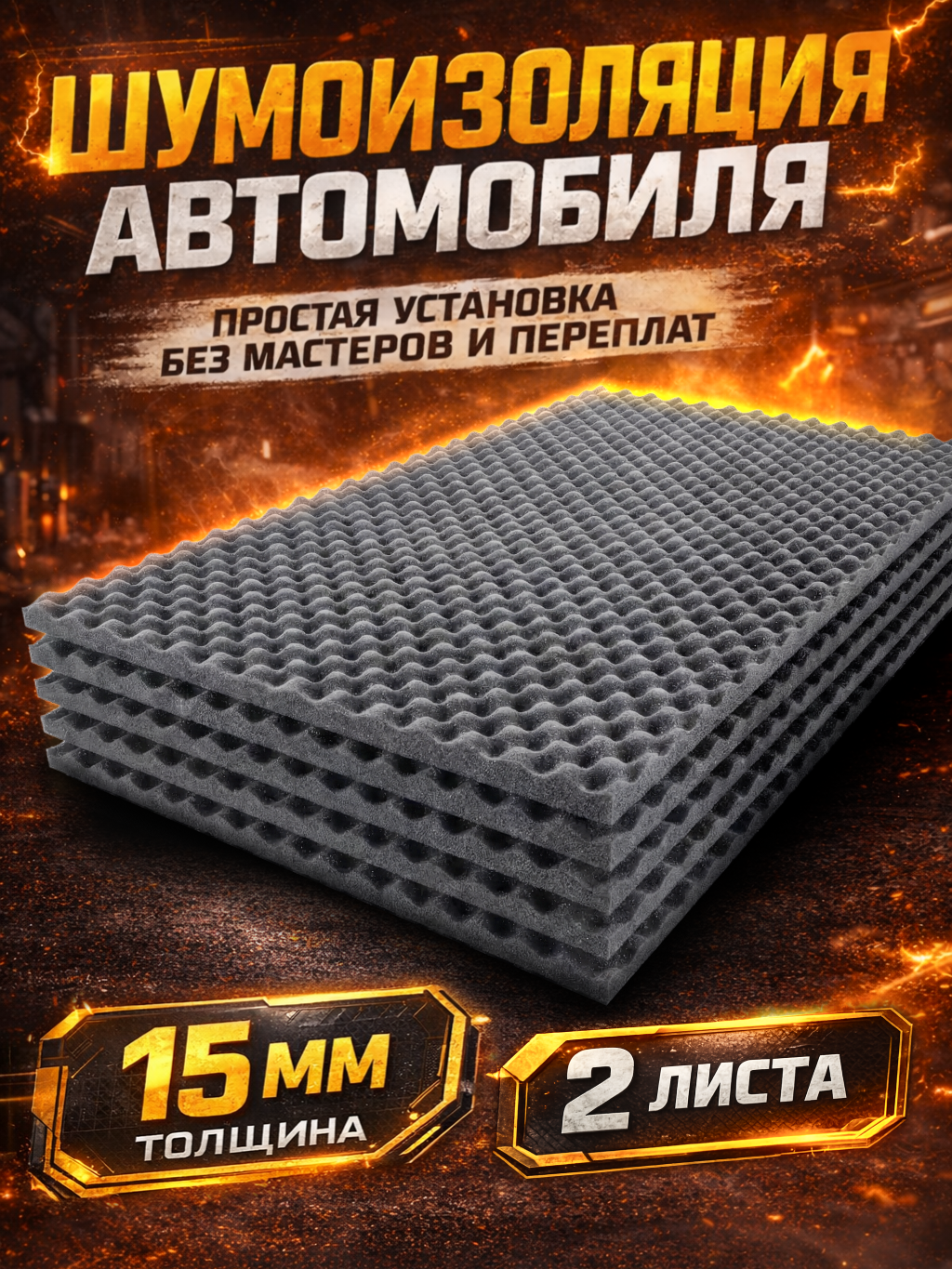 Акустический поролон самоклеящийся buildband Wave 15, 2 листа, шумоизоляция автомобиля, звукоизоляция комплект