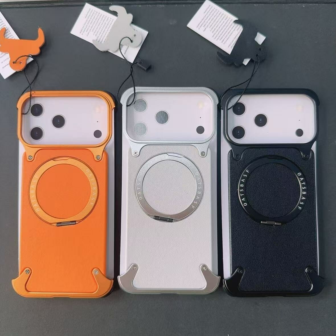 Оранжевый чехол из натуральной кожи для iPhone 17 Air с магнитным креплением и 360-градусной поворотной подставкой