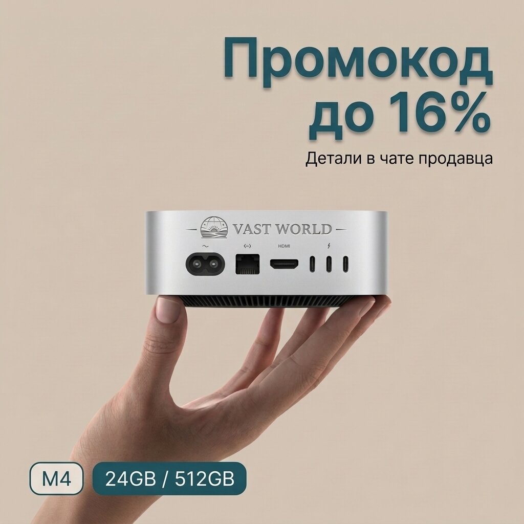 Настольный компьютер Apple Mac mini, 2024 (M4 10-Core, GPU 10-Core, 24GB, 512GB), Серебристый Silver (MCYT4)