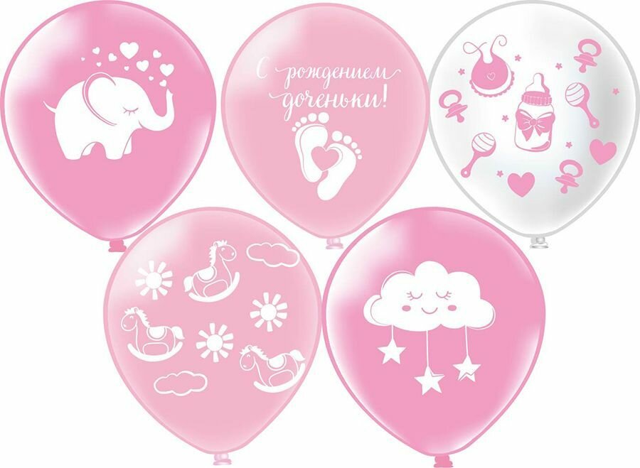 Воздушные шары Микрос С рождением доченьки, с рисунком 12", 30 см, 25 шт. (Ч54881)