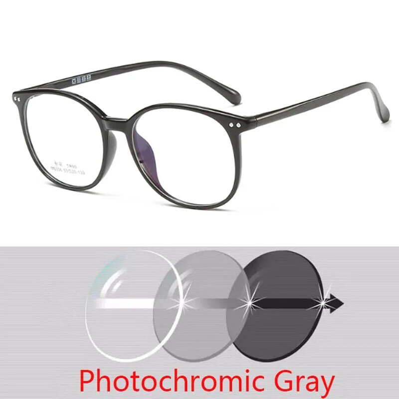 Очки для зрения круглые черные, фотохромные серые, Myopia -150