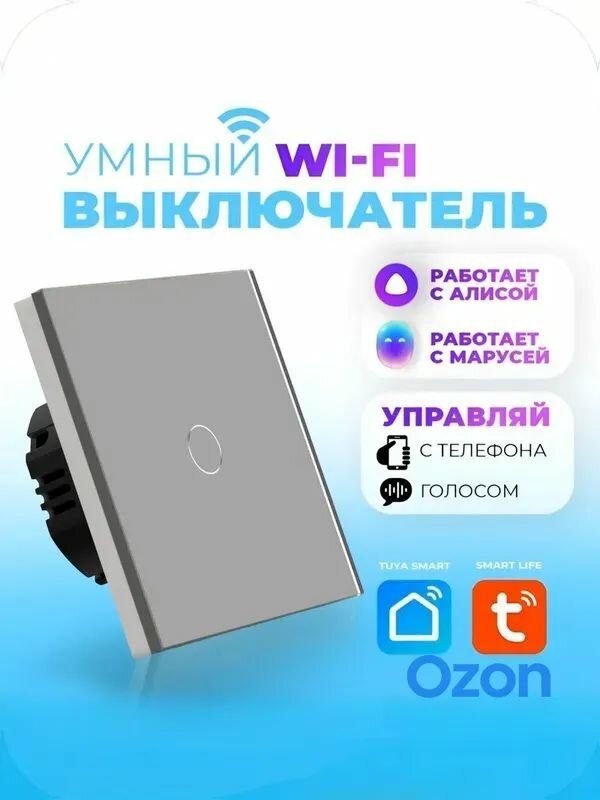 Умный выключатель сенсорный WI FI + RF433, серебро, стеклянный, умный дом с Алисой, Марусей одноклавишный