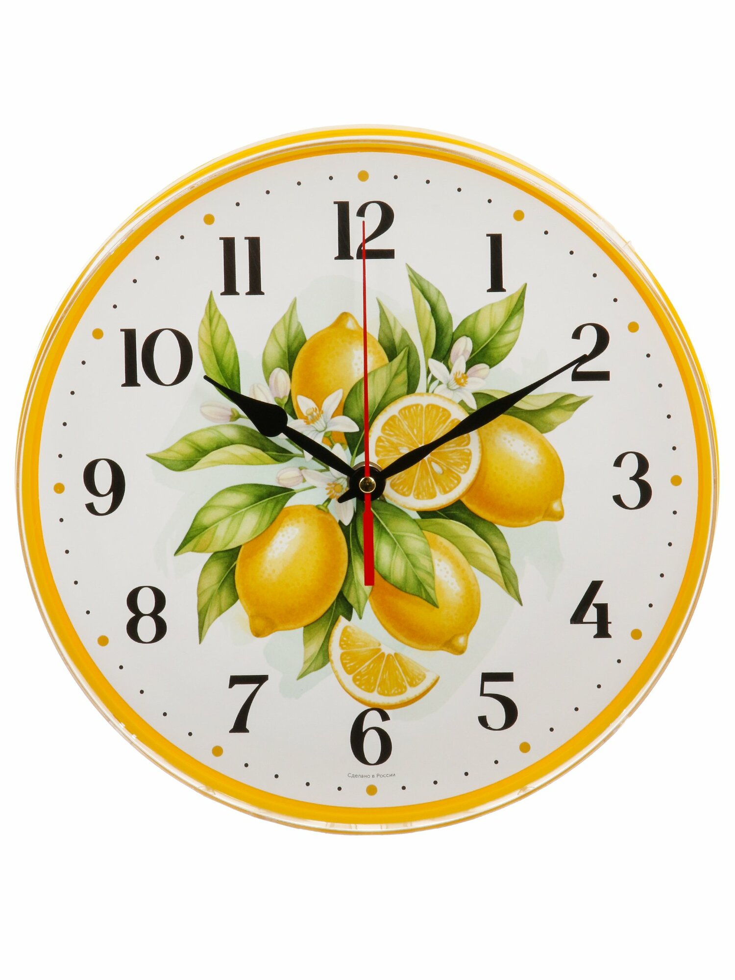 Часы настенные кварцевые Рубин Лимоны 2524-153, круглые интерьерные 25 см, желтый корпус, декор для кухни и дома