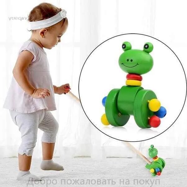 Развивающая игрушка для малышей от 1 года - Каталка детская с ручкой деревянная - Для побуждения интереса к ходьбе