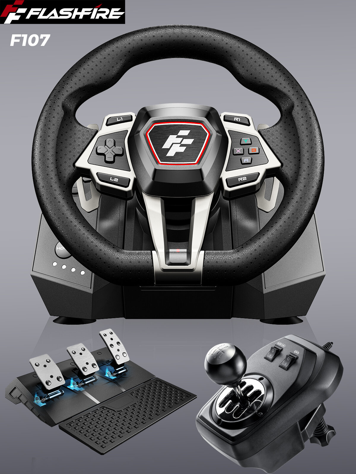 Игровой комплект руль + КПП + педали FLASHFIRE F107 для ПК, PS4, Xbox One, Xbox Series X/S, обратная связь, поворот руля до 900°