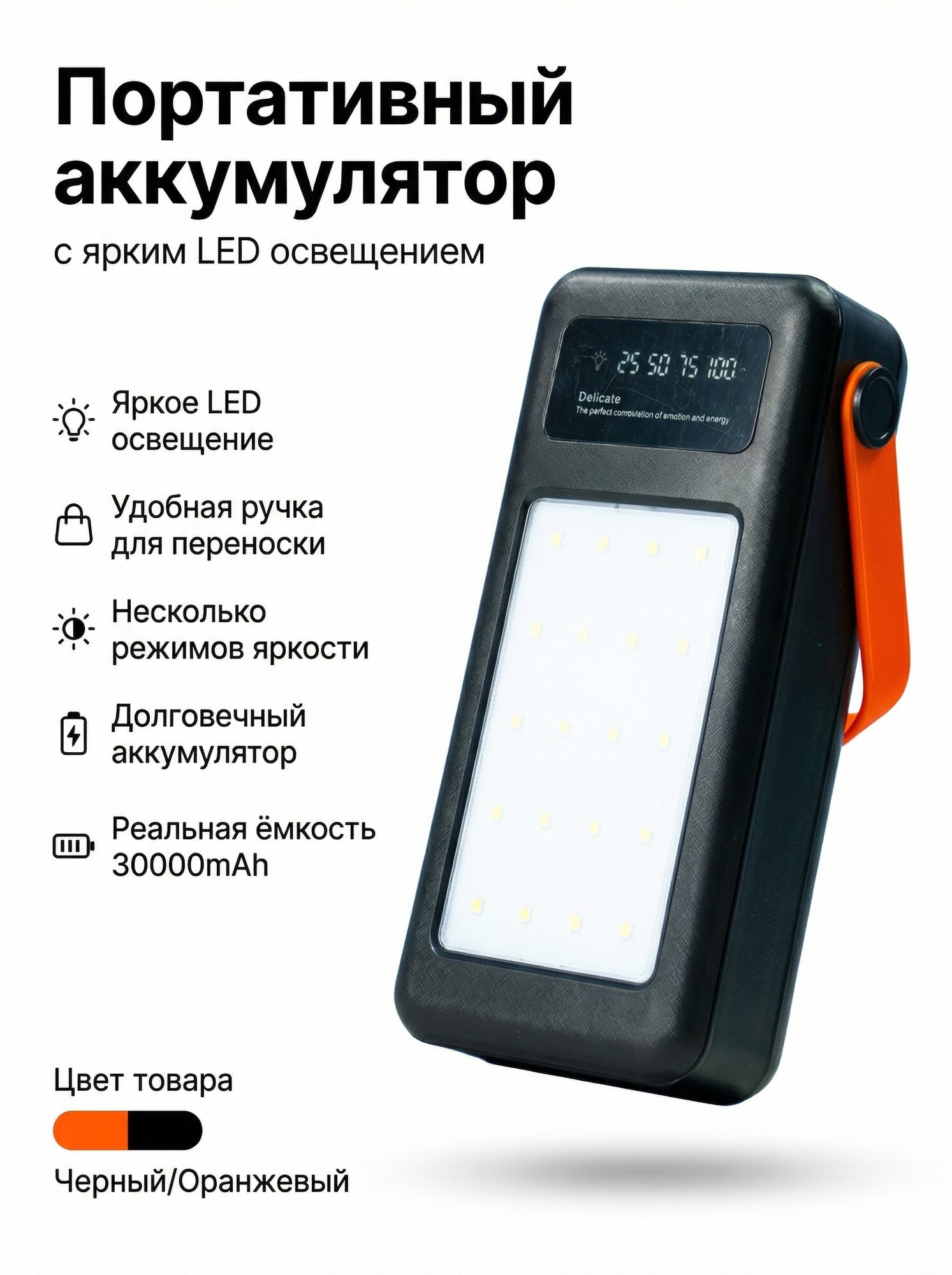 Повербанк 30000 mAh(реальная ёмкость) с фонарем , 7 портов , быстрая зарядка, совместим с разными устройствами