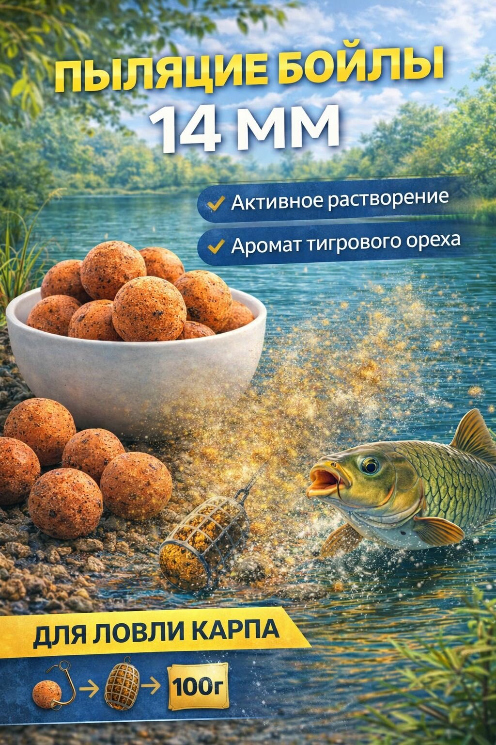 Бойлы пылящие в банке на карпа 14 мм, аромат Тигрового ореха, 100 г