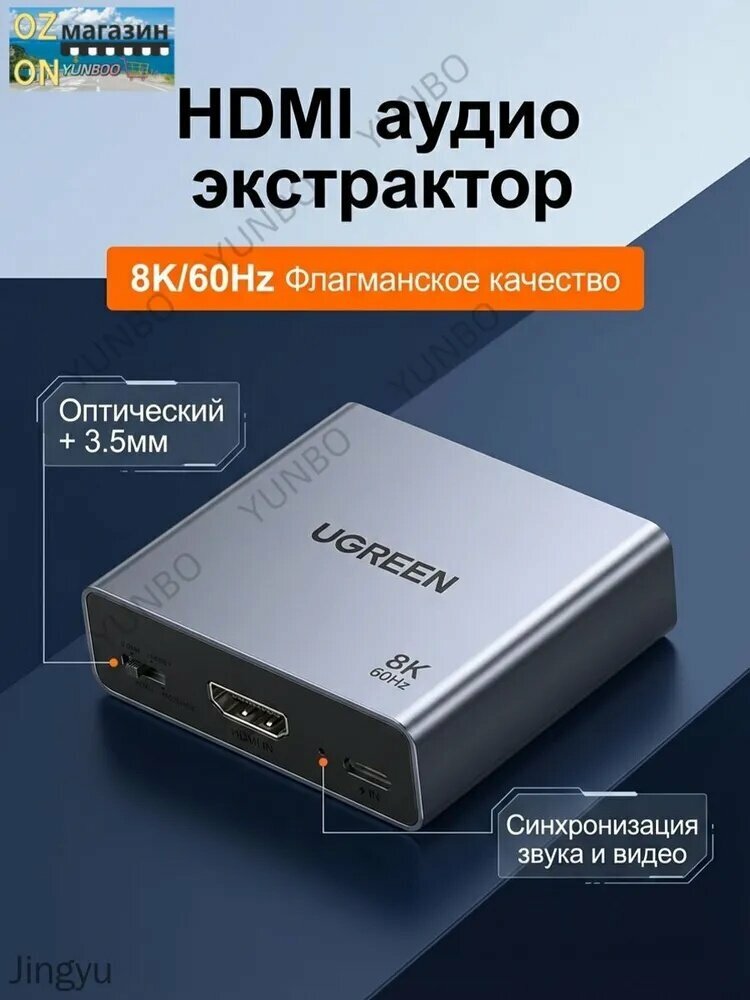 UGREEN Аудиоэкстрактор HDMI 8K/60Hz с оптическим и 3.5-мм аудиовыходами