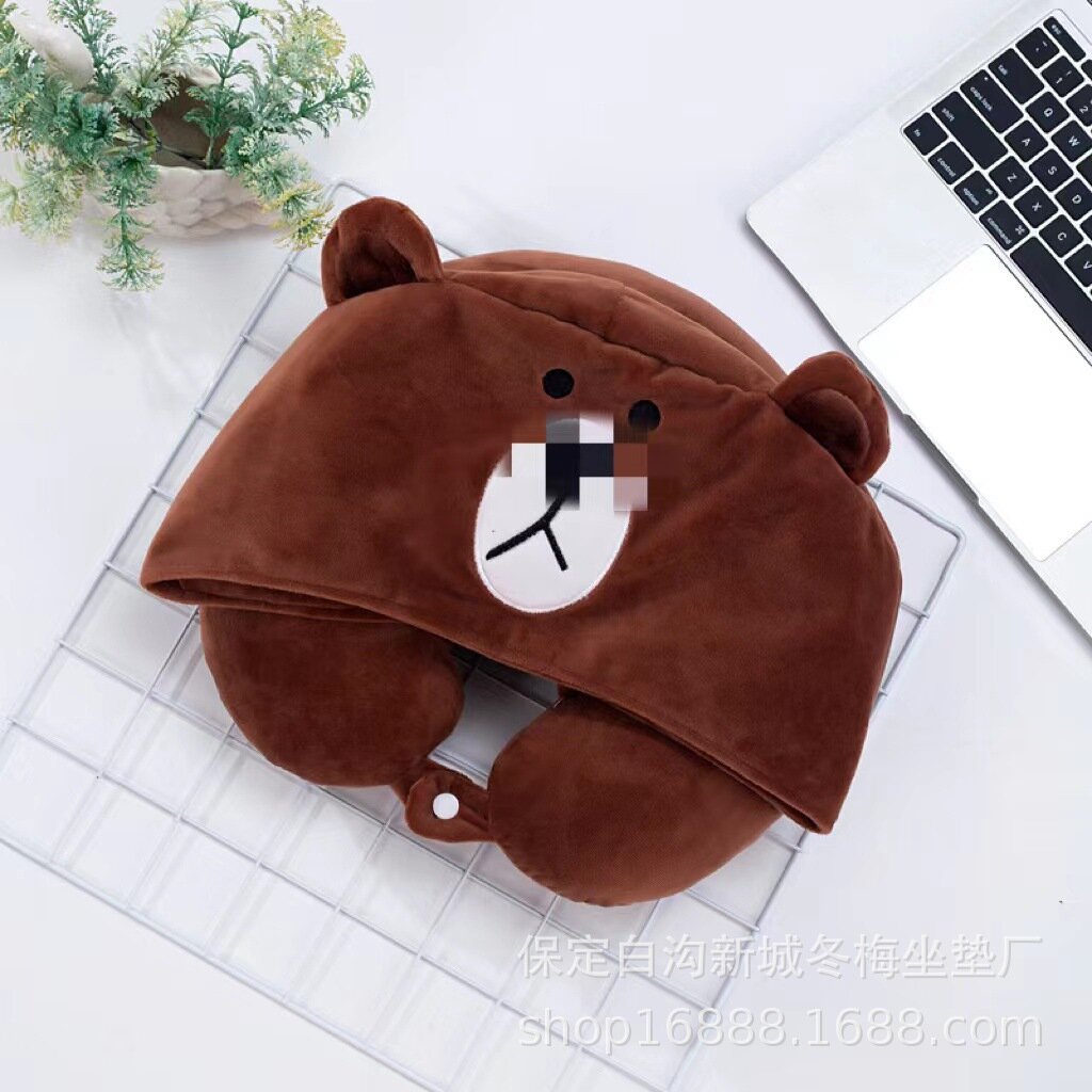 Мультяшная U-образная подушка, шляпа с капюшоном, хлопковая подушка для шеи, ортопедическая подушка, подушка для обеденного перерыва, подушка для путешествий на самолете, милая подушка для шеи