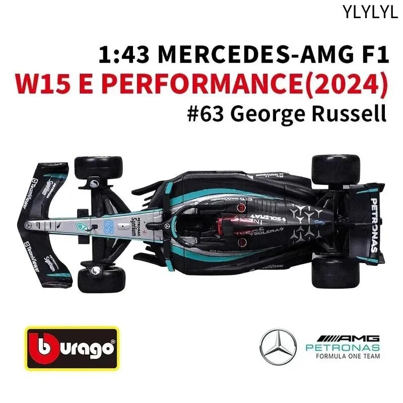 Металлическая коллекционная модель болида Формулы-1 "Burago"1:43. F1 Mercedes - Benz AMG W15E (2024) 63 #