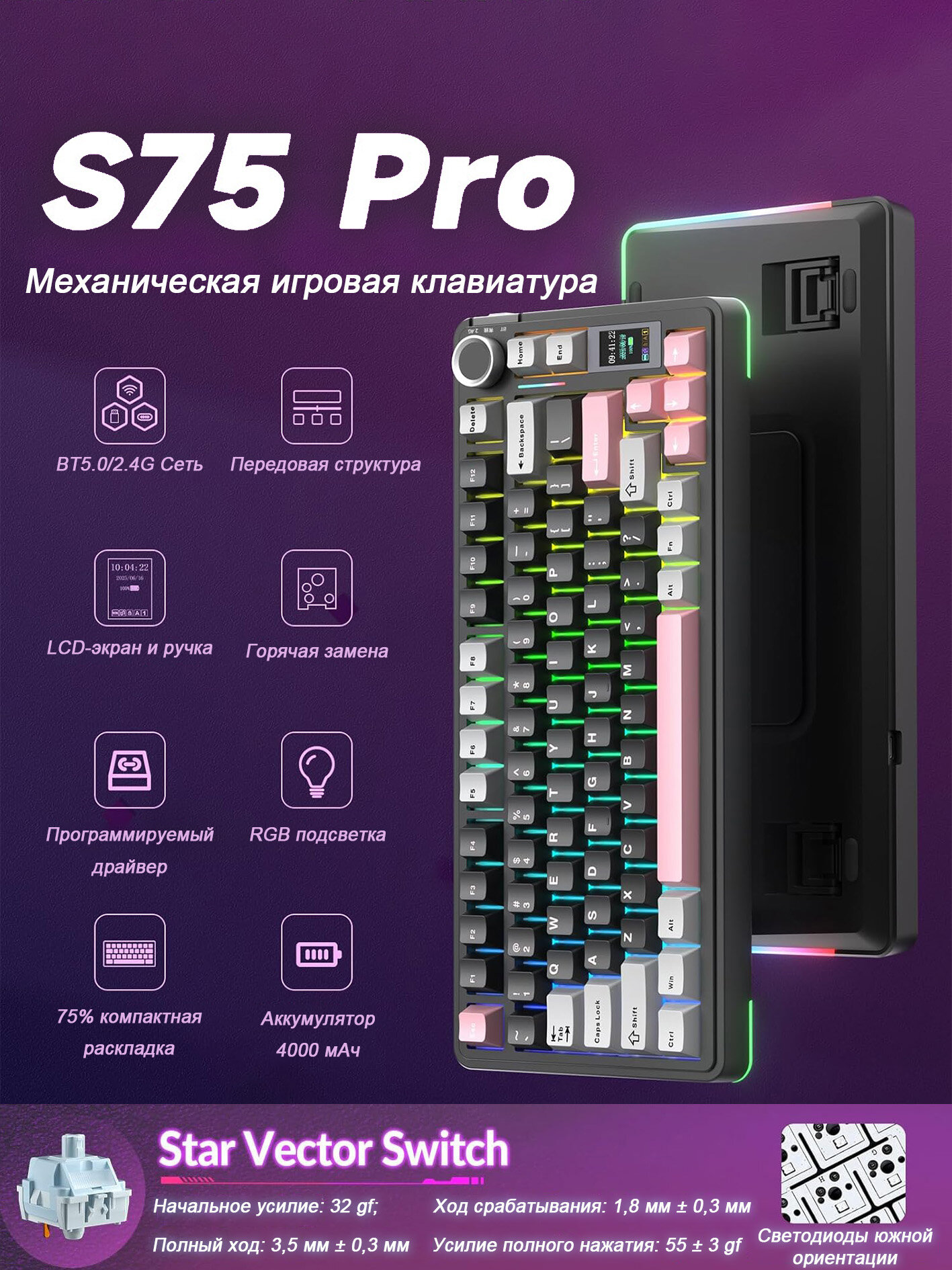 S75 Pro Механическая игровая клавиатура с LCD-экраном, ручкой, 3 режимами подключения и программируемыми макросами
