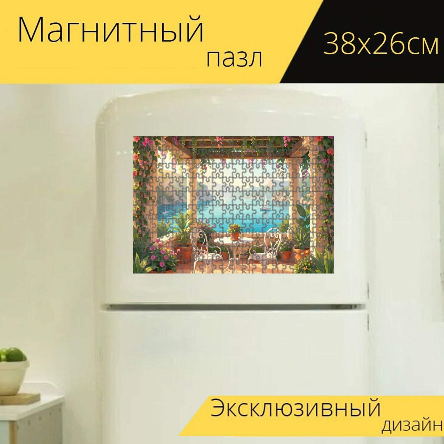 Магнитный пазл "Терраса с видом на море. Уютная средиземноморская веранда с белыми коваными стульями, столиком и горшками с цветами. На фоне лазурная бухта." для интерьера, 38х26 см.