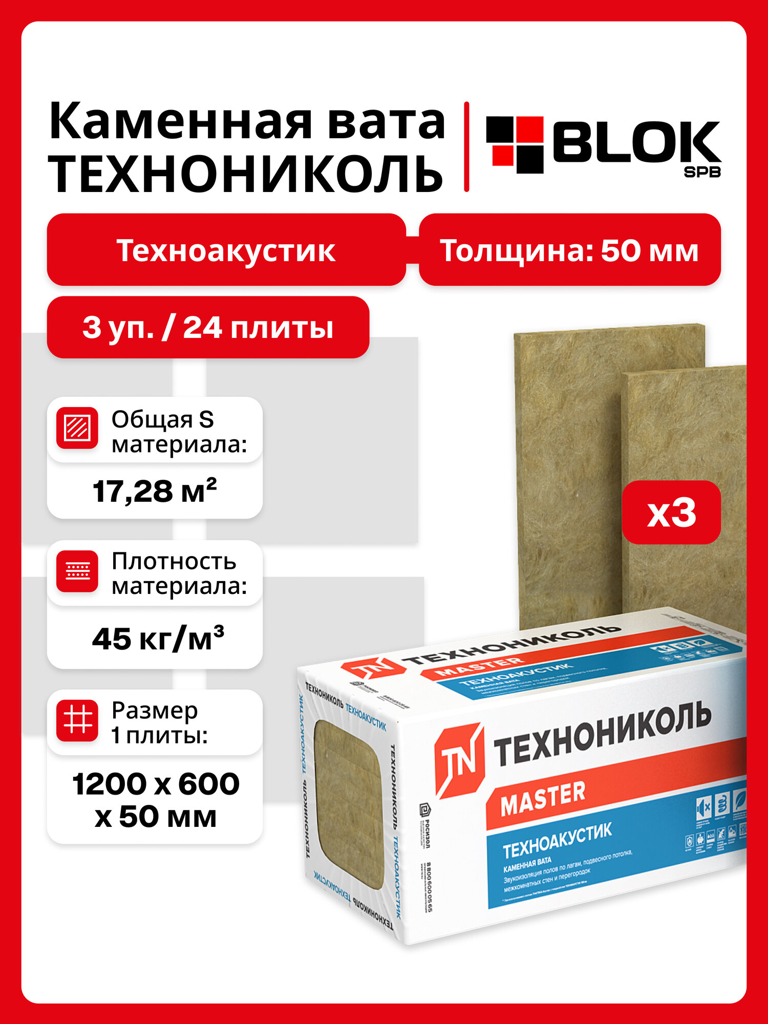 Технониколь Техноакустик 1200х600х50 мм (3 уп. / 17,28 м2 / 24 шт.) звукоизоляция для стен, пола, перекрытий, потолка