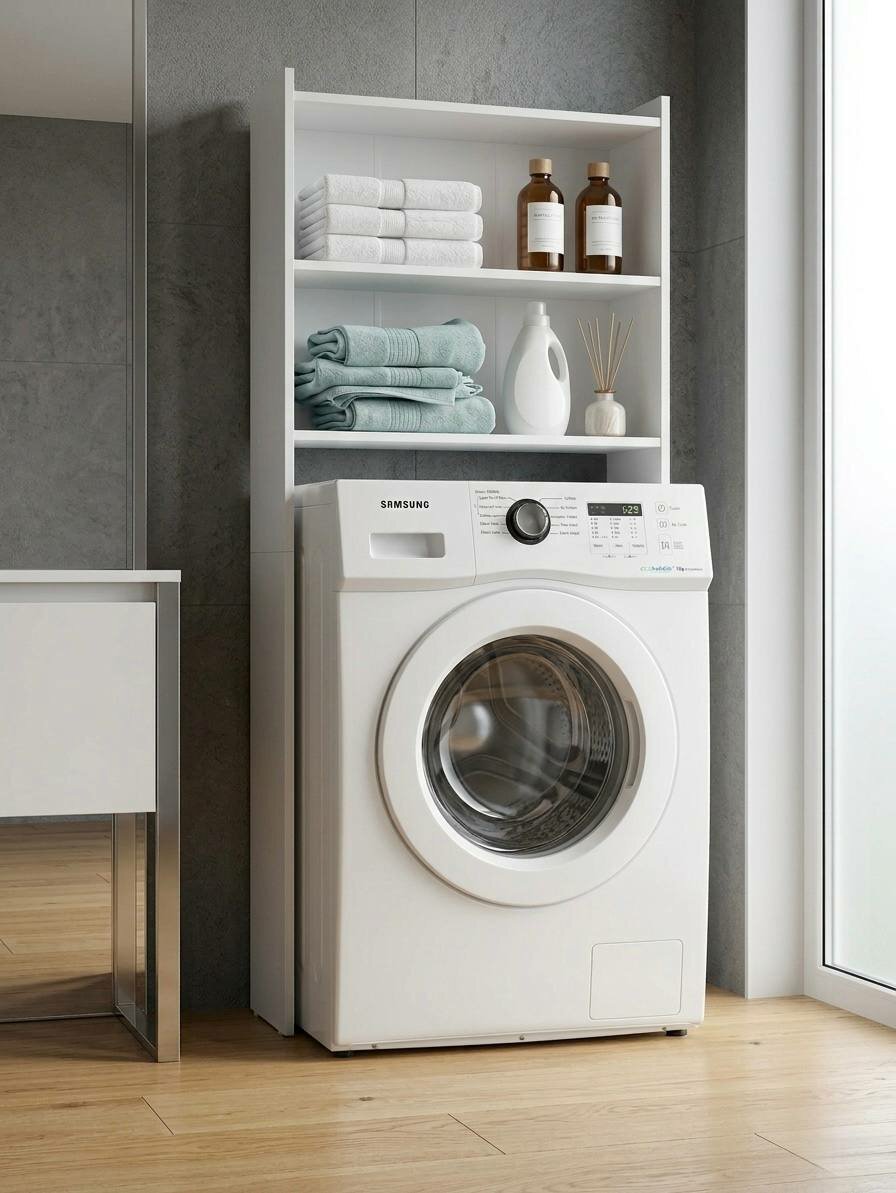 Шкаф стеллаж над стиральной машиной в ванную, напольный, ЛДСП белый