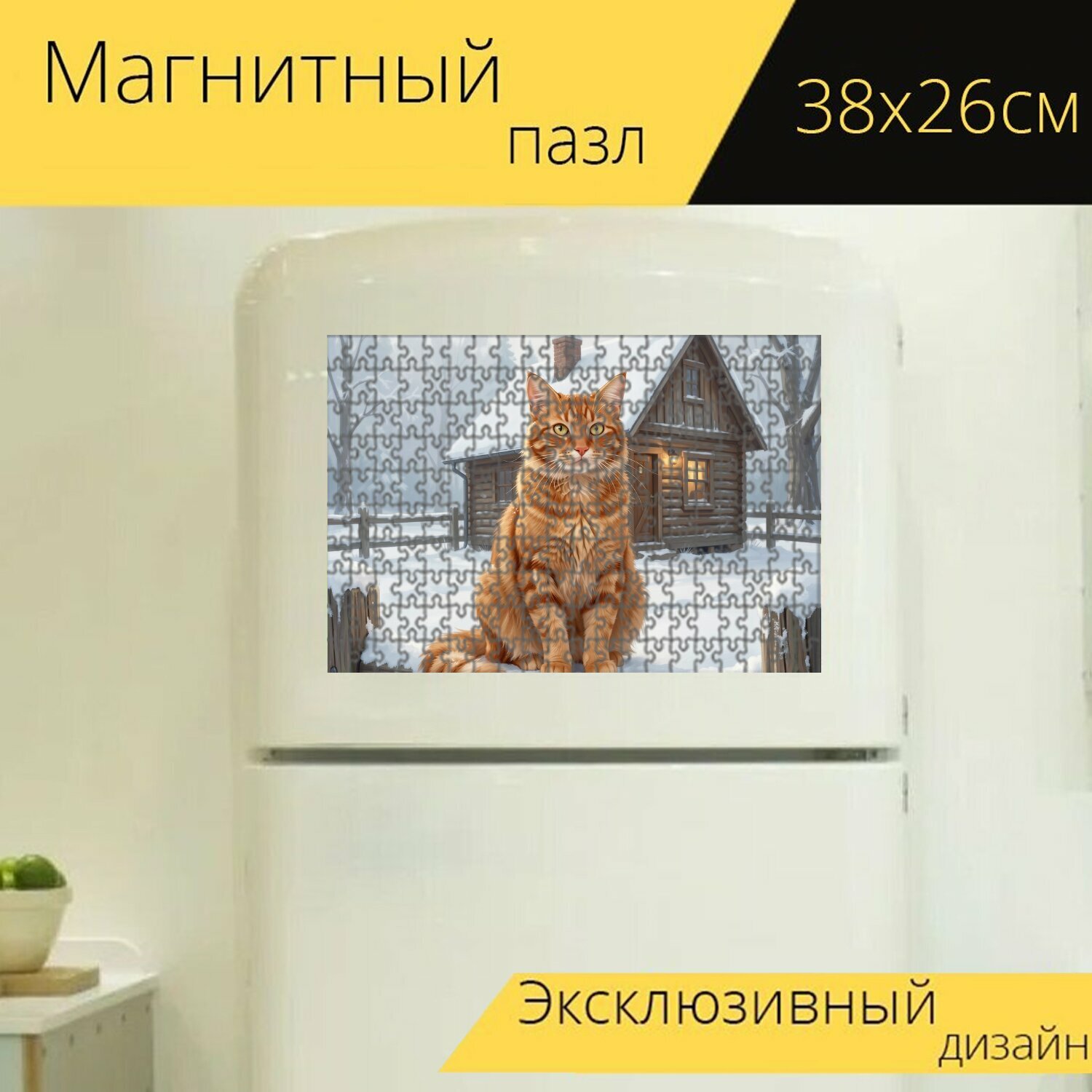 Магнитный пазл "Рыжий кот у зимнего домика. Пушистый оранжевый кот сидит на заснеженном деревянном ограждении перед уютным бревенчатым домом в зимнем лесу." для интерьера, 38х26 см.