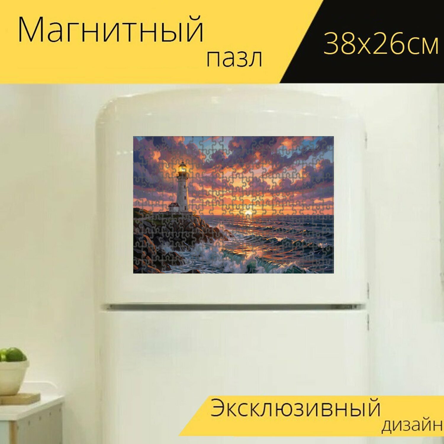 Магнитный пазл "Маяк у океана на закате. Живописный морской берег с башней-маяком на скалах, волны и брызги, драматичные облака, тёплое сияние вечернего." для интерьера, 38х26 см.