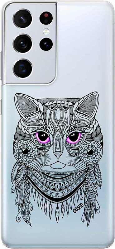 Ультратонкий силиконовый чехол-накладка ClearView 3D для Samsung Galaxy S21 Ultra с принтом "Grand Cat"