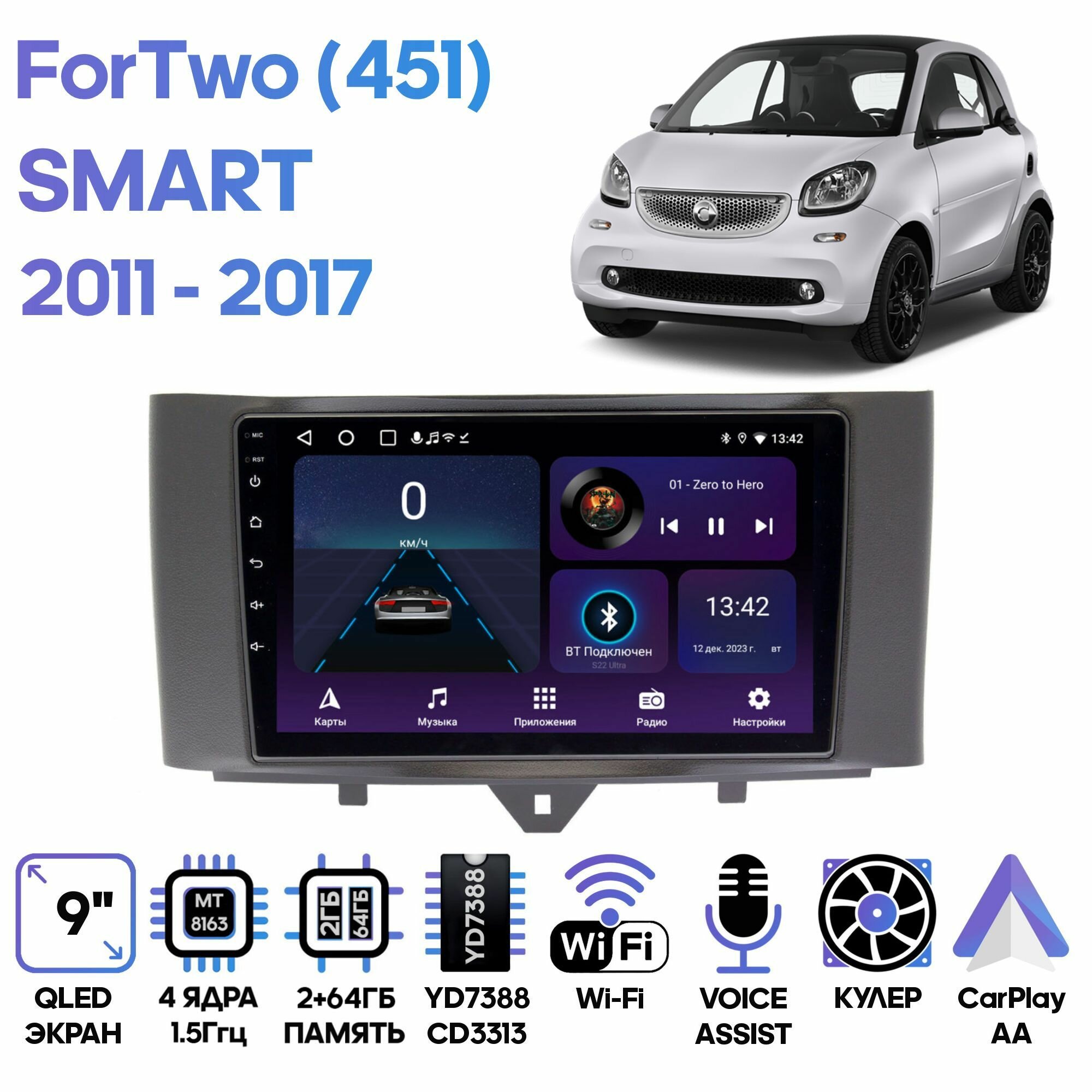 Магнитола SMART ForTwo 451 2011 - 2017 / 9 дюймов, 2/64GB, 4 ядра, Wi-Fi, Android 9 / Wide Media