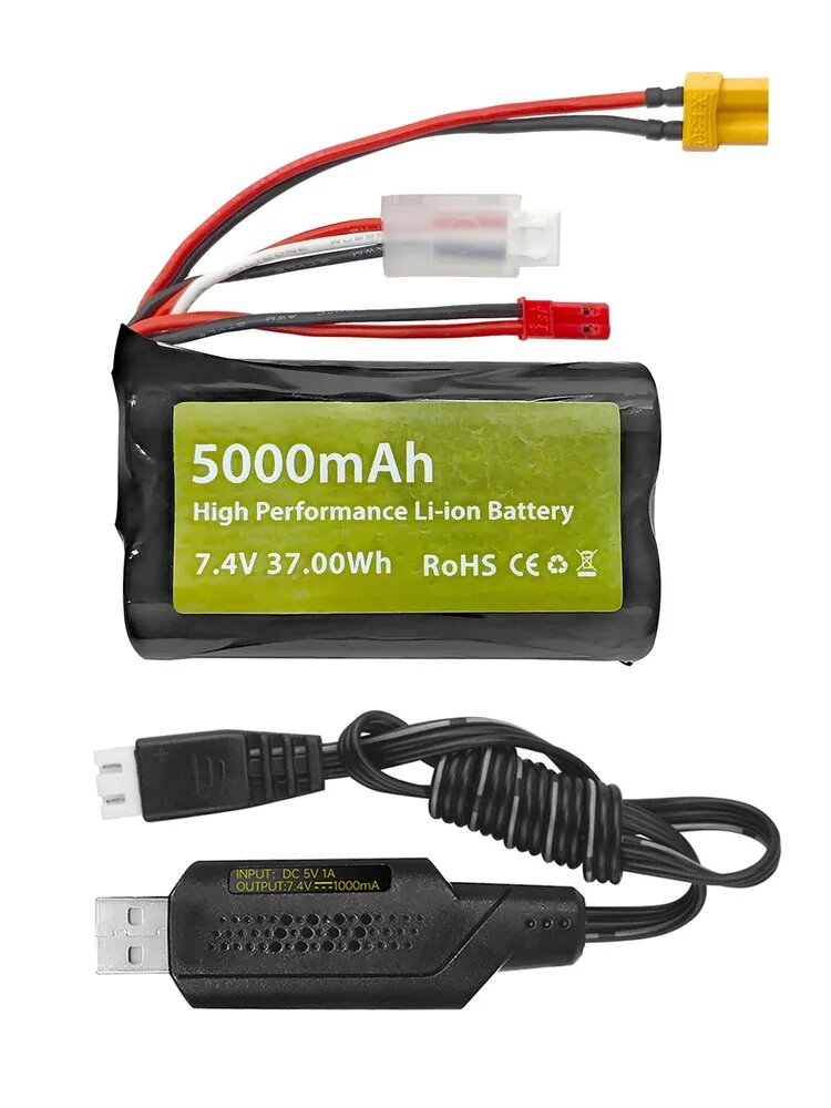 1 литий - ионных аккумуляторов 2S 7.4V 5000 мАч с разъемом JST и разъемом XT30 и 1 USB - зарядными линиями для дистанционно управляемых игрушечных автомобилей TX16S, TX18S, RC4GS, RC6GS, TX12