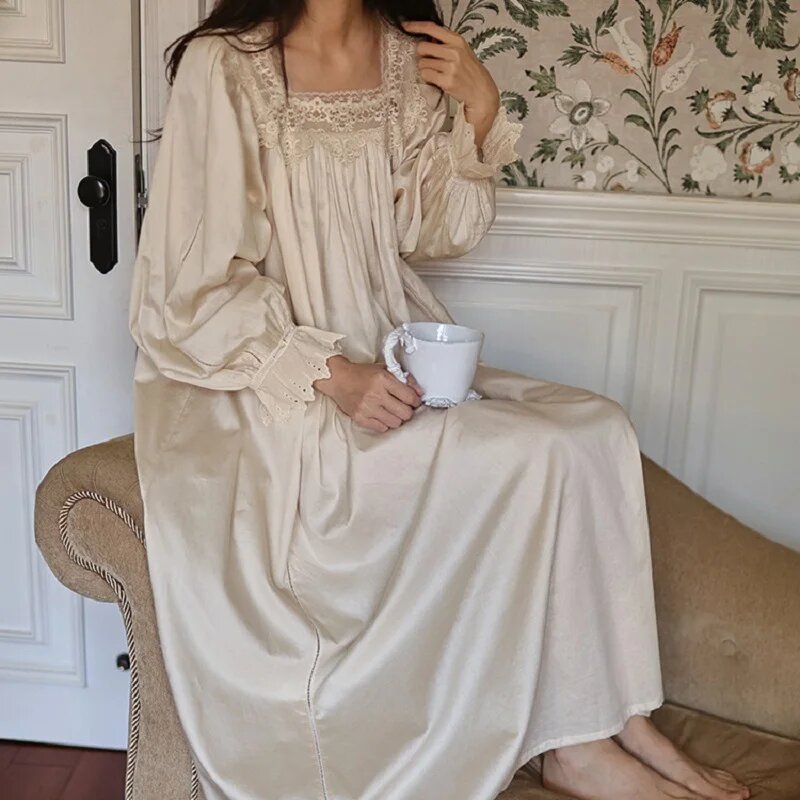 Винтажные мягкие хлопковые кружевные бежевые длинные ночные рубашки для женщин с длинным рукавом, элегантное королевское свободное ночное платье для беременных, весна-лето