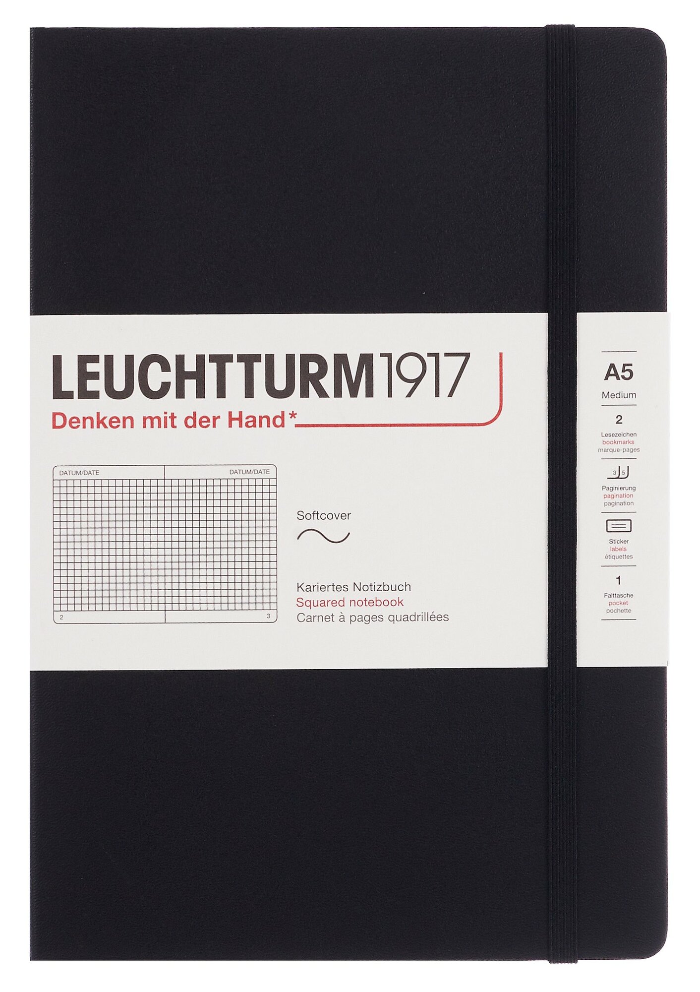 Книга для записей A5, 61 лист в клетку "Classic", мягкая обложка, черный, Leuchtturm1917
