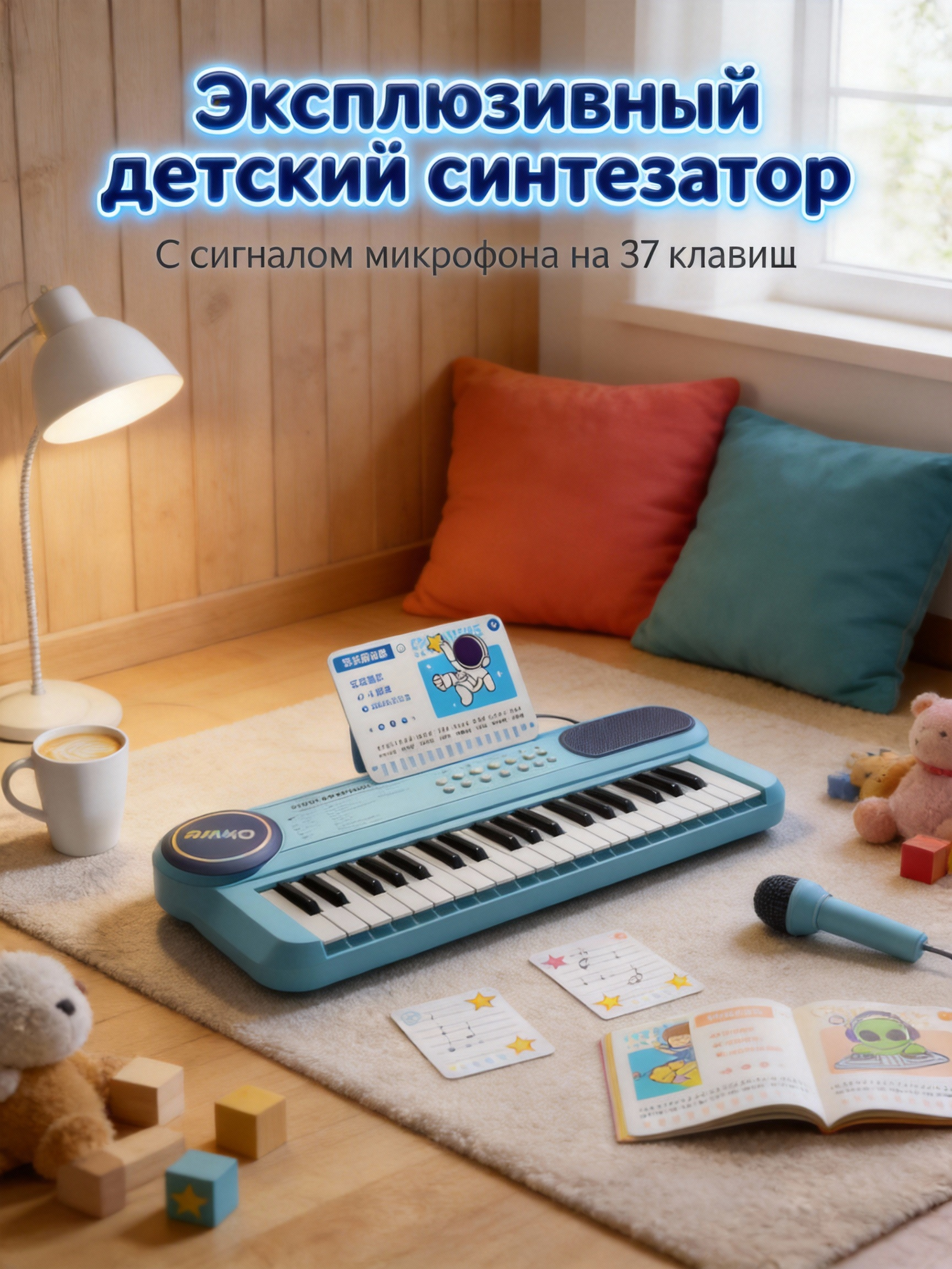 Детский синтезатор 37 клавиш, развивающая музыкальная игрушка с синим микрофоном и питанием от сети или батареек для игр и обучения