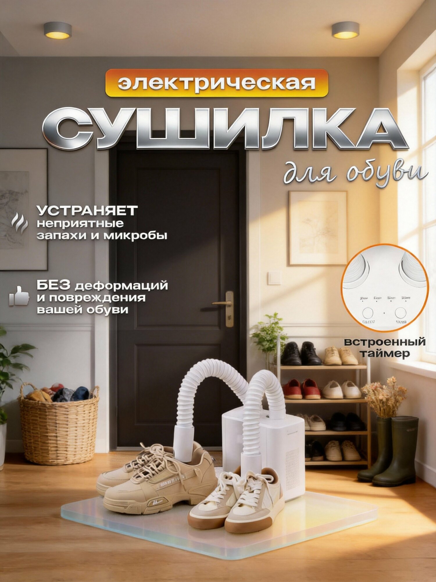 Сушилка для обуви, электрическая модель с выдвигающимися гибкими шлангами и таймером для бережной сушки перчаток и варежек