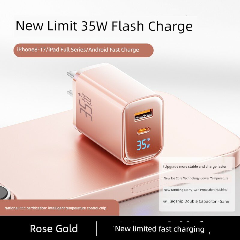 35W двухпортовое GaN зарядное устройство с интеллектуальным дисплеем для iPhone 14-17 и универсальной совместимости