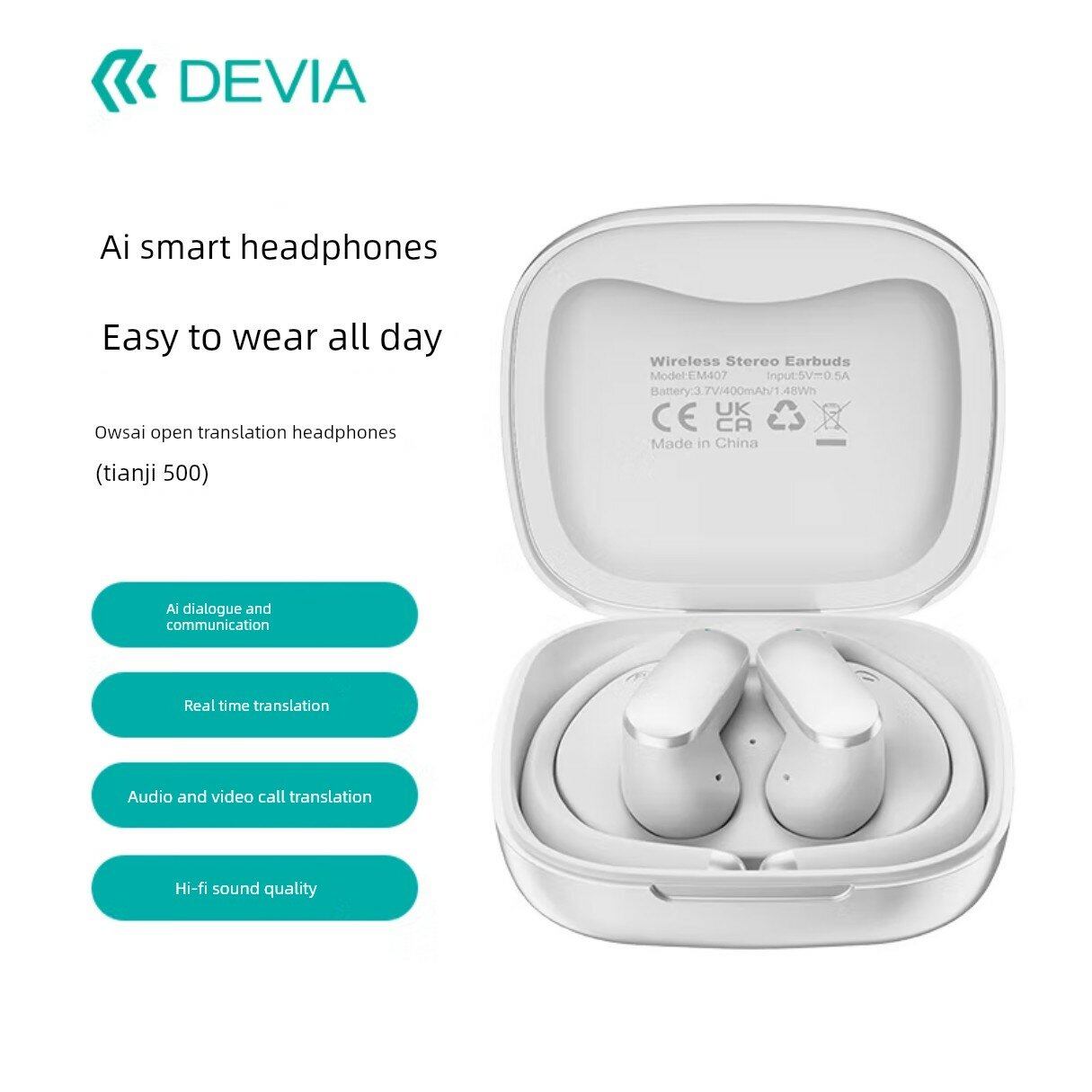 Наушники DEVIA Bluetooth OWS AI с открытым ухом для перевода, Tianji 500, накладные, спортивные, с длительным временем