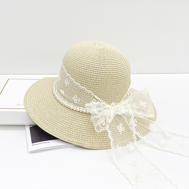 Новая весна и лето, жемчужный темперамент, соломенная шляпа с бантом и лентой, женская соломенная шляпа для путешествий, демонстрирующая лицо, небольшой солнцезащитный козырек, защита от солнца,