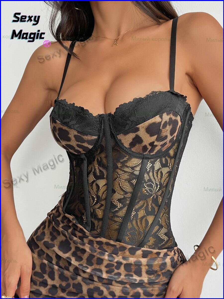 Эротический костюм Sexymagic для ролевых игр, леопардовый принт, боди с косточками и крючками, размер 42-44 RU — фото 1
