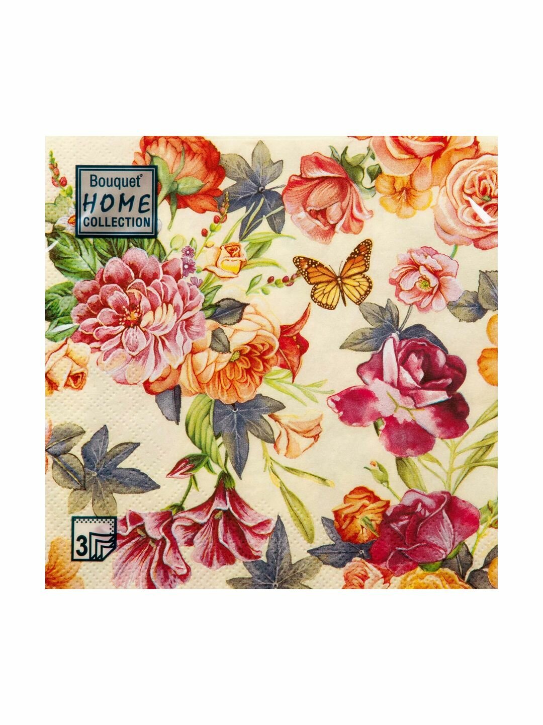 Салфетки бумажные трехслойные "Art Bouquet Home Collection" Красивые цветы. Кремовый фон, 33х33 см, в пачке 20 штук