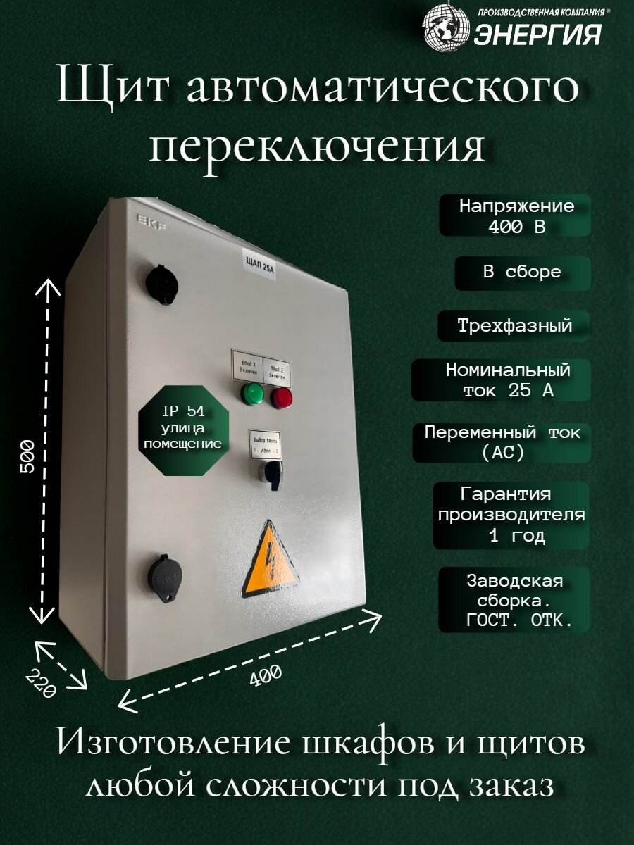 Щит автоматического переключения, (АВР), навесной, уличный, ЩАП 25А, IP54, 500х400х220 металлический корпус, в сборе.