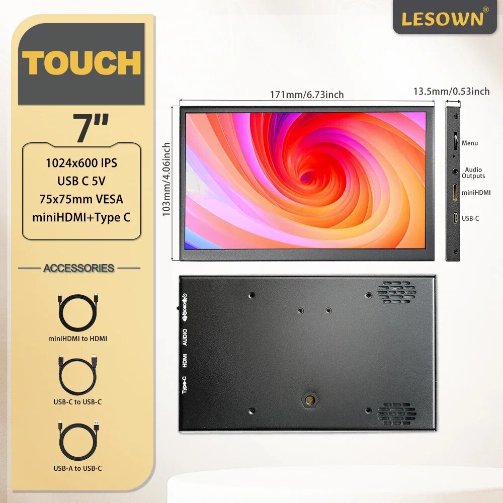 LESOWN 7" Сенсорный монитор 1024x600 IPS USB-C