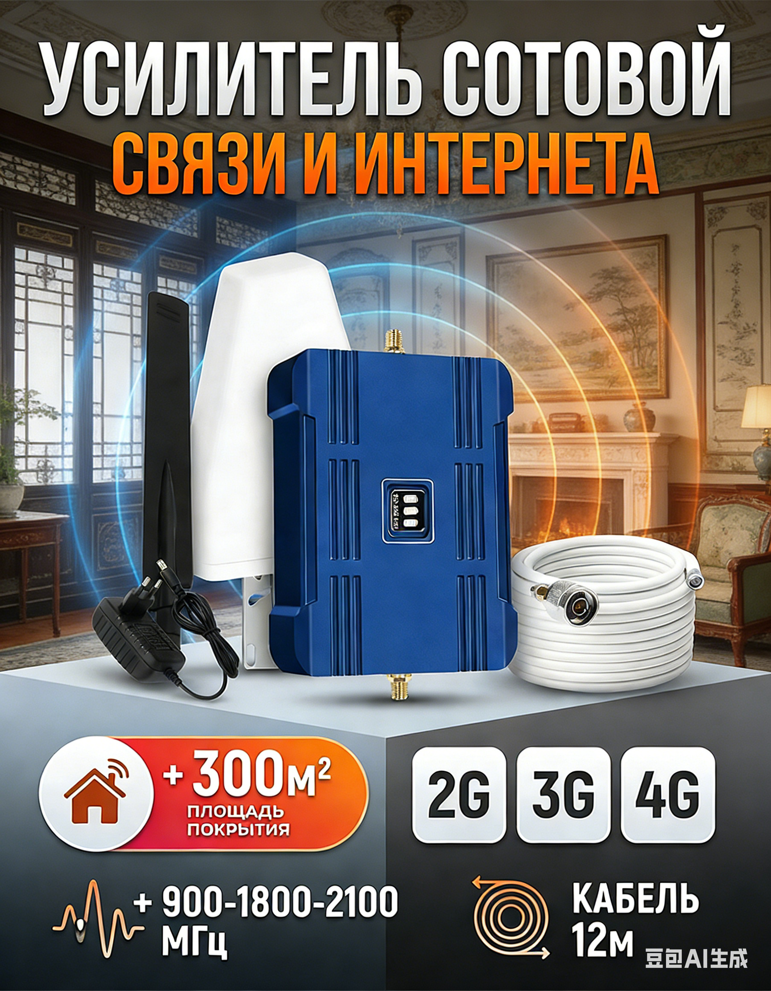 Усилитель сотовой связи 900/1800/2100 МГц (2G/3G/4G): до 70 км, направленный, синий, 1.3 кг