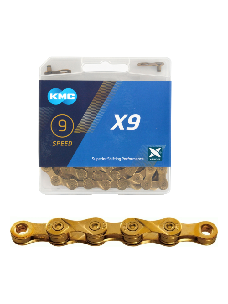 Цепь KMC X9 Ti-N 9 скоростей 114L Gold для велосипеда, золотистая, покрытие нитрид титана(BX09TI114)
