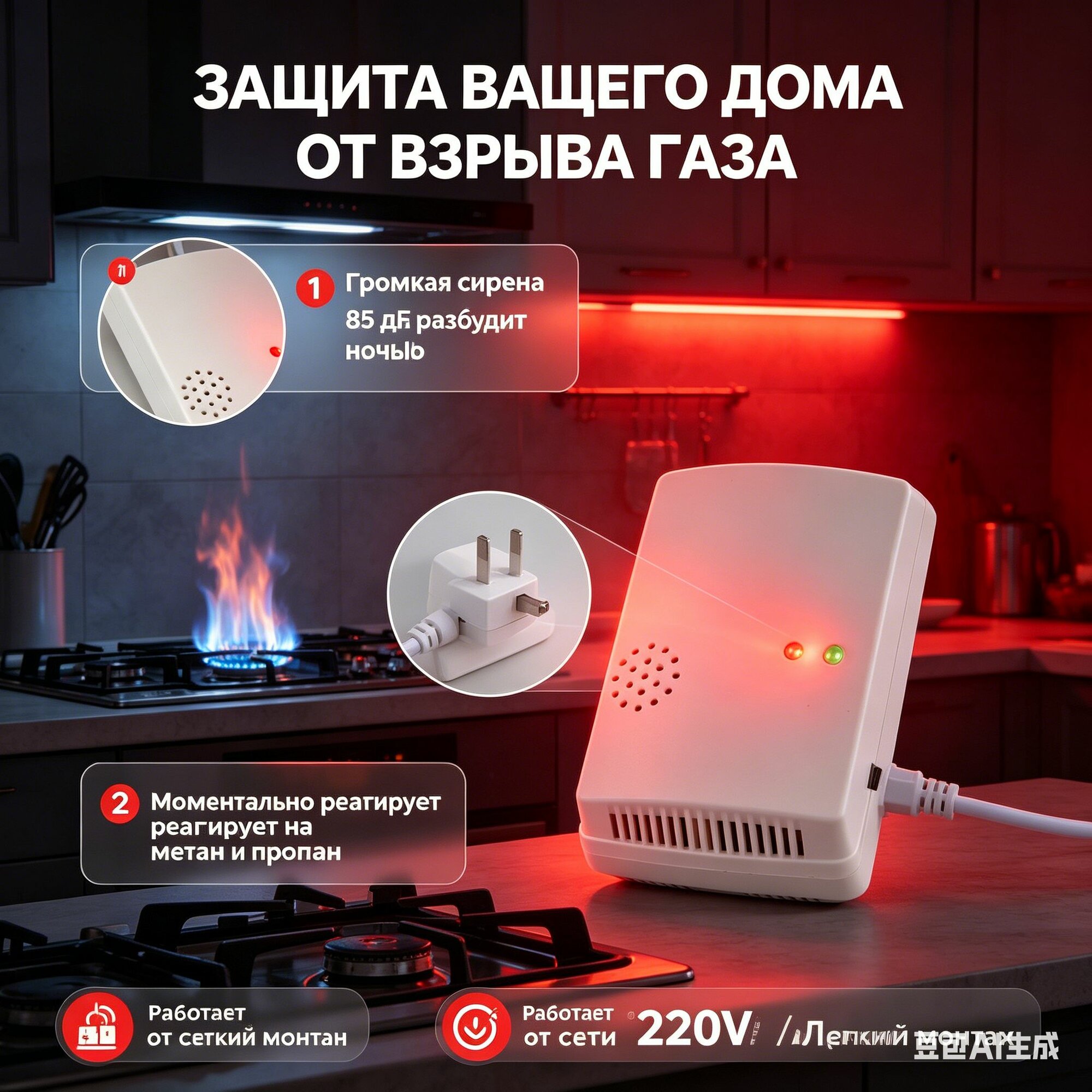 Датчик утечки газа, 220В 85 дБ-сигнализатор загазованности, детектор метана и пропана для кухни и защиты от пожара