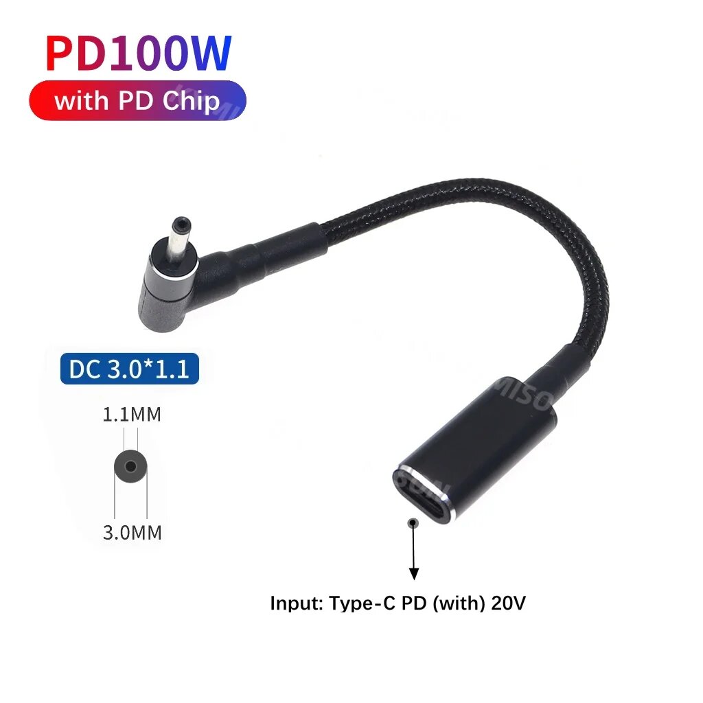 Переходник USB Type-C женский на 3.0x1.1 мм мужской KYMISON 100 Вт Черный, Cable