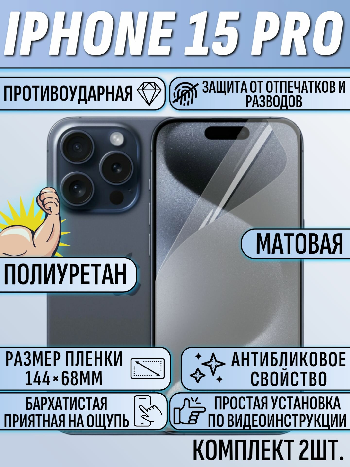 Гидрогелевая пленка айфон 15 про / iphone 15 pro 2 шт матовая
