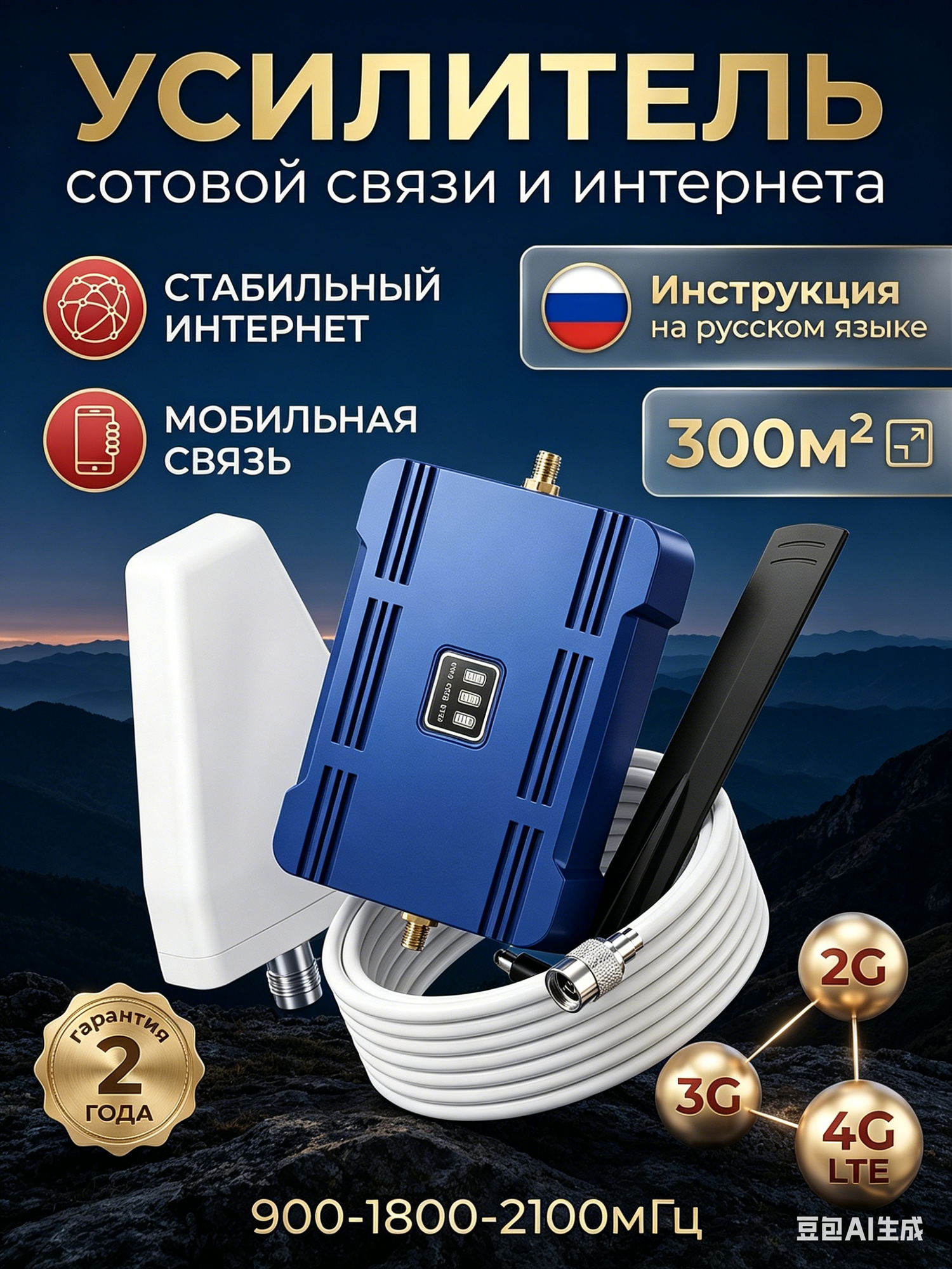 Усилитель сотовой связи 900/1800/2100 МГц (2G/3G/4G): до 70 км, направленный, синий, 1.3 кг