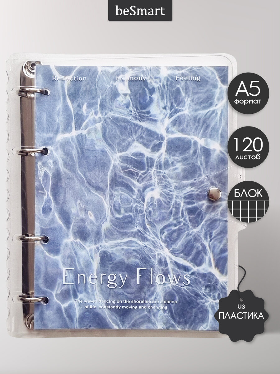 Блочная тетрадь на кольцах beSmart "Energy", А5 на 120 листов в клетку, пластик