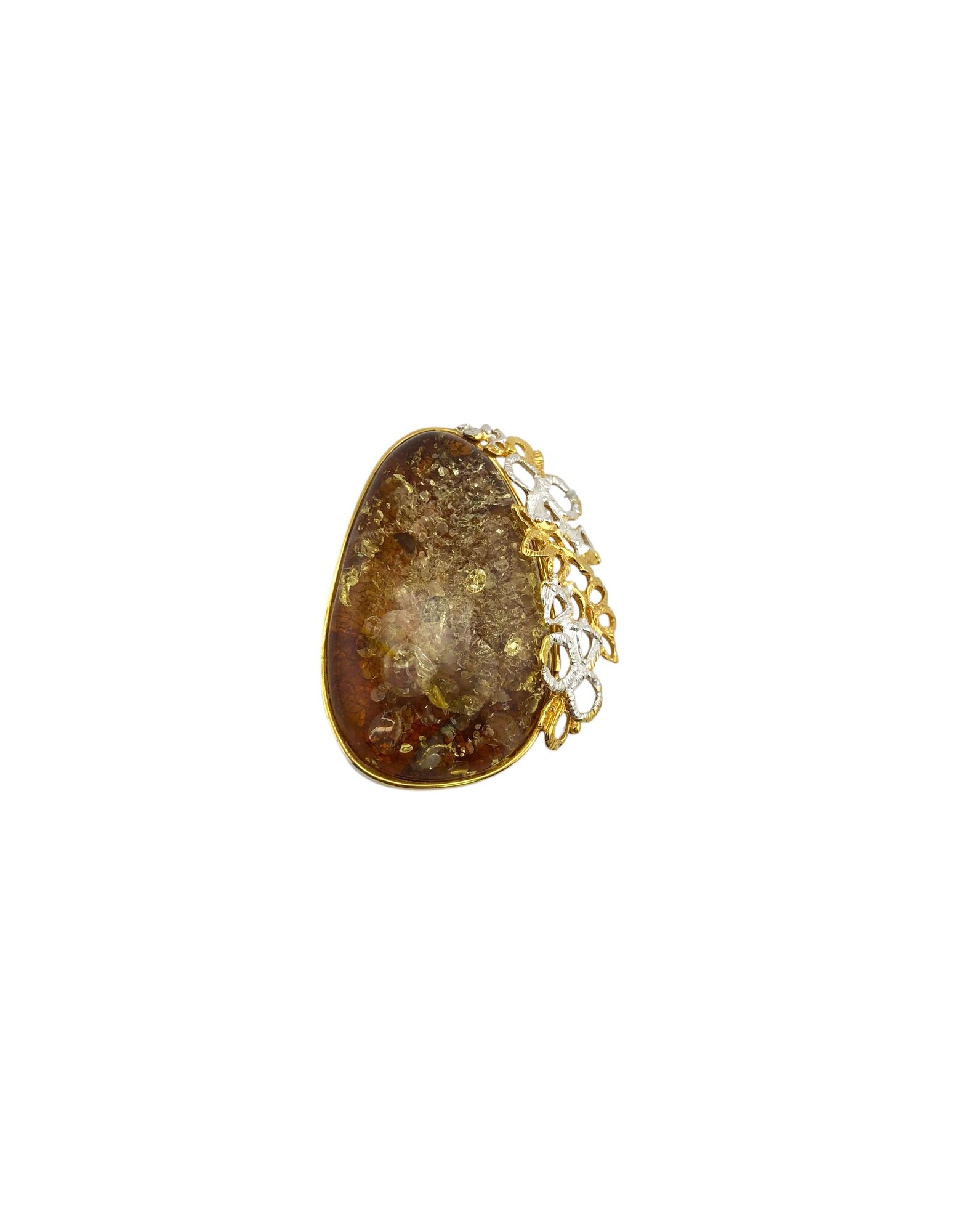 Брошь, серебро, 925 проба, золочение, янтарь