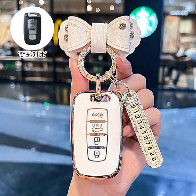 Автомобильный ключ-держатель для Hyundai Sonata, ix35, Nexo — перламутрово-белый с белым бантом и номерной табличкой