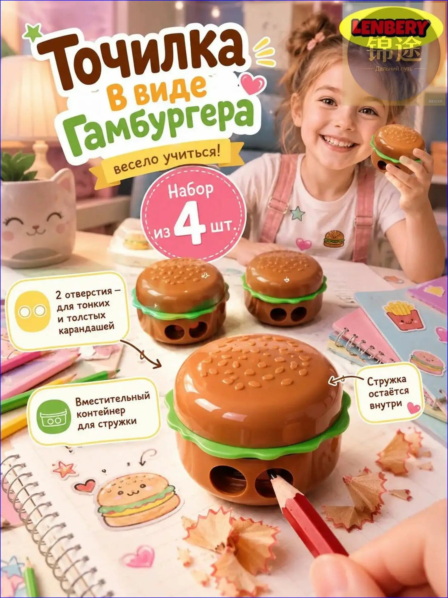 Точилка для карандашей в форме бургера, 4 шт 2 -