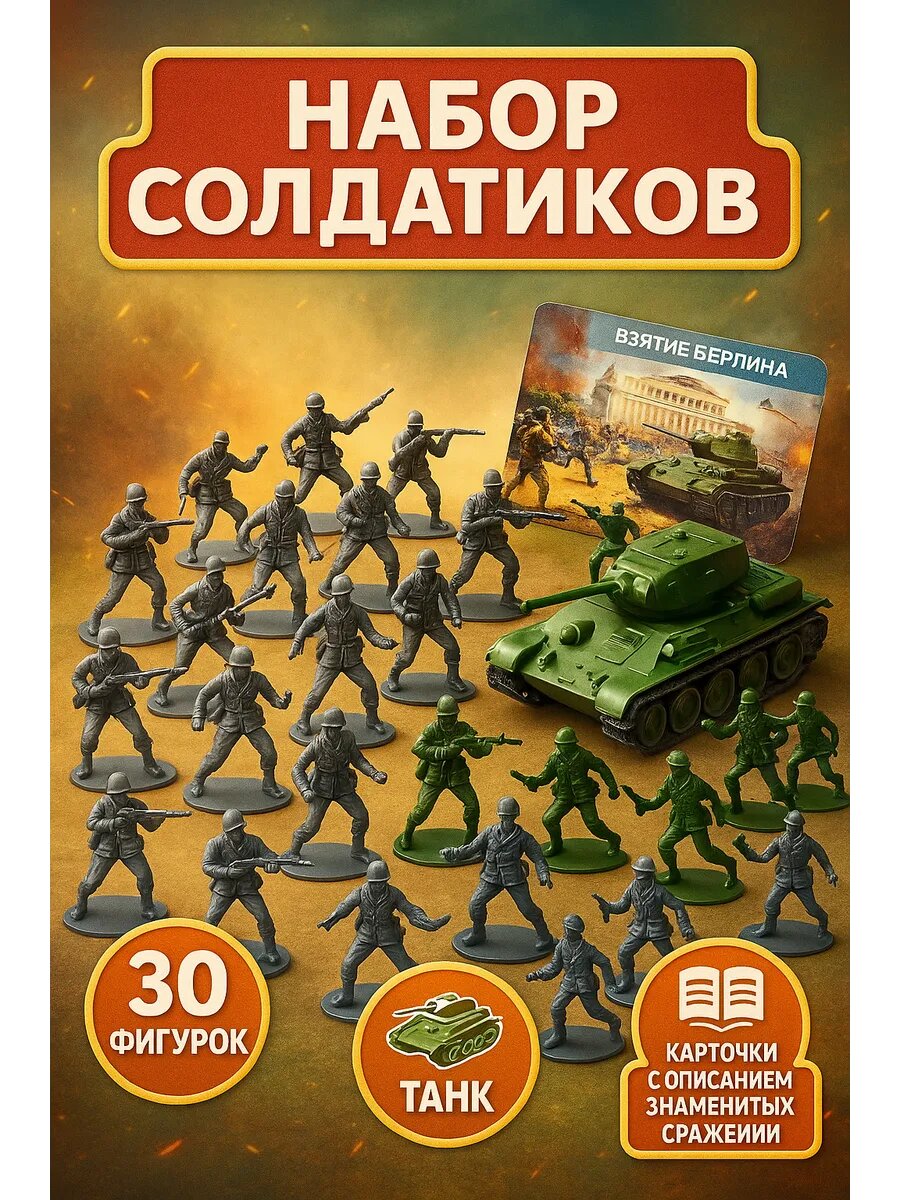 Игровой набор 30 солдатиков и 1 танк с карточками "Линия обороны"
