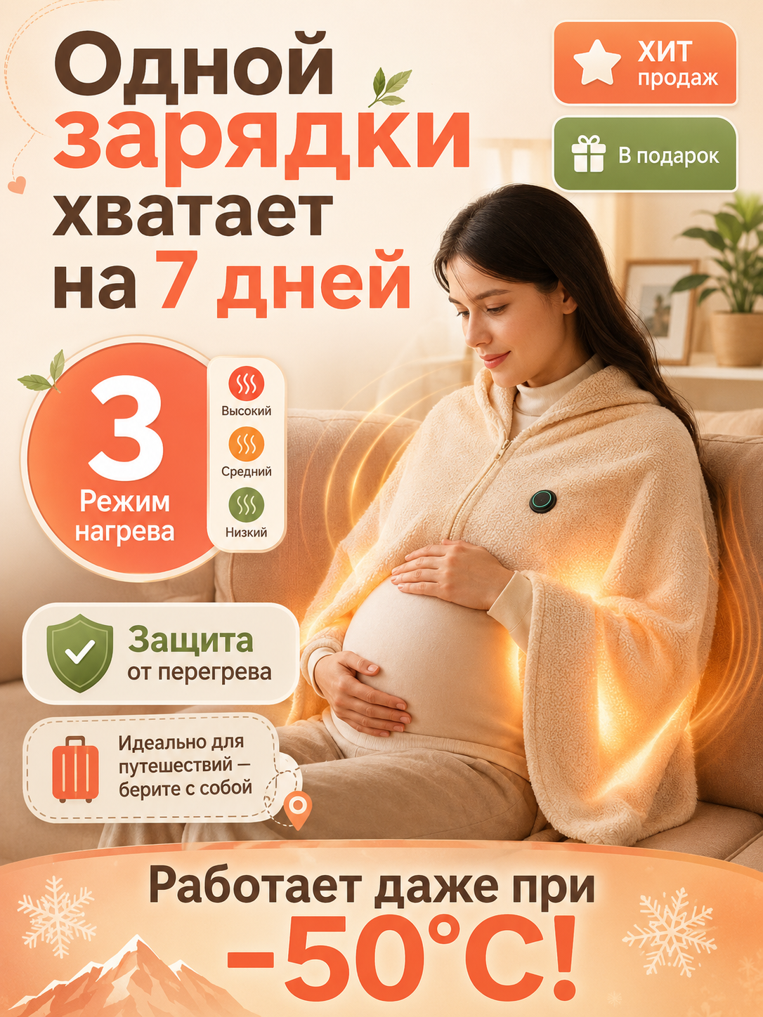 Электрическое одеяло "Графен", USB-подогрев, легкий, 80x150см